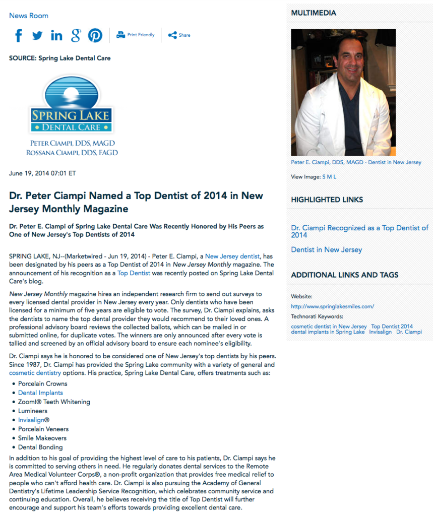 Dr. Peter Ciampi Named a Top Dentist of 2014 in New Jersey Monthly ...